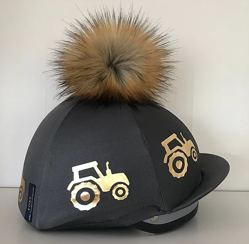Tractors Hat Silk with Pom - Grey/Metallic Gold - Foxy Equestrian